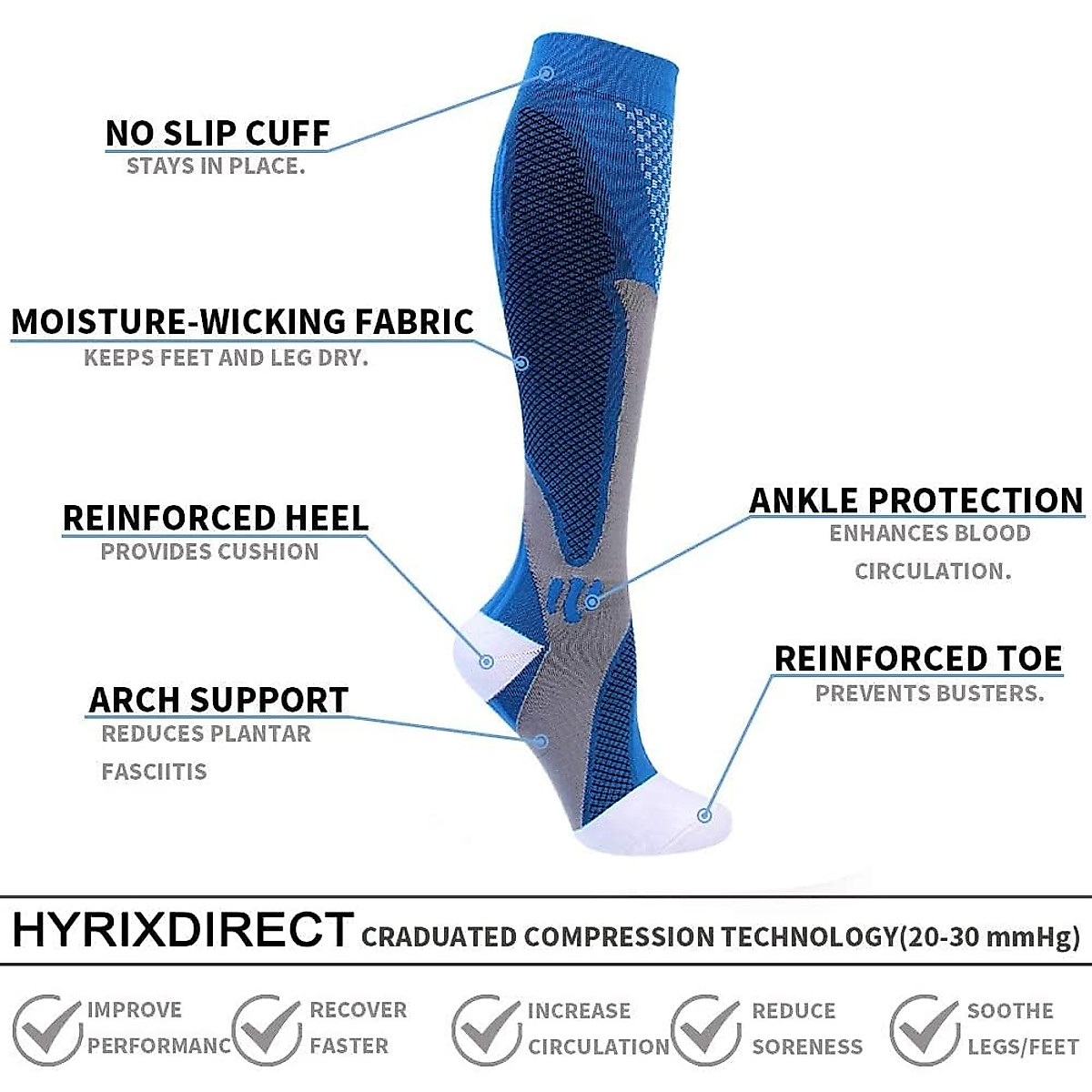 HYRIXDIRECT Compression Socks for Men Women 20-30 mmHg Compression Socks for Sports Support Socks