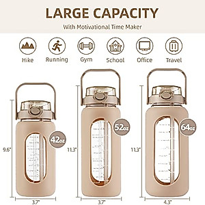 SIEROZUR 64oz Glass Water Bottle with Straw and Handle Lid Half Gallon Motivational Glass Bottle with Silicone Sleeve and Time Marker Large Reusable Sports Water Jug for Gym Home Workout