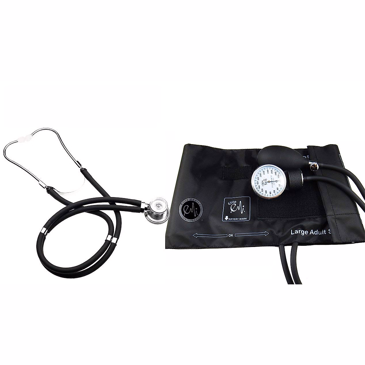EMI EBL-430 Sprague Rappaport Dual Head Stethoscope and Manual Aneroid Sphygmomanometer Blood Pressure with Large Adult Cuff (Cuff Size: 33 cm to 51 cm | 13 inch to 20 inch) - Black
