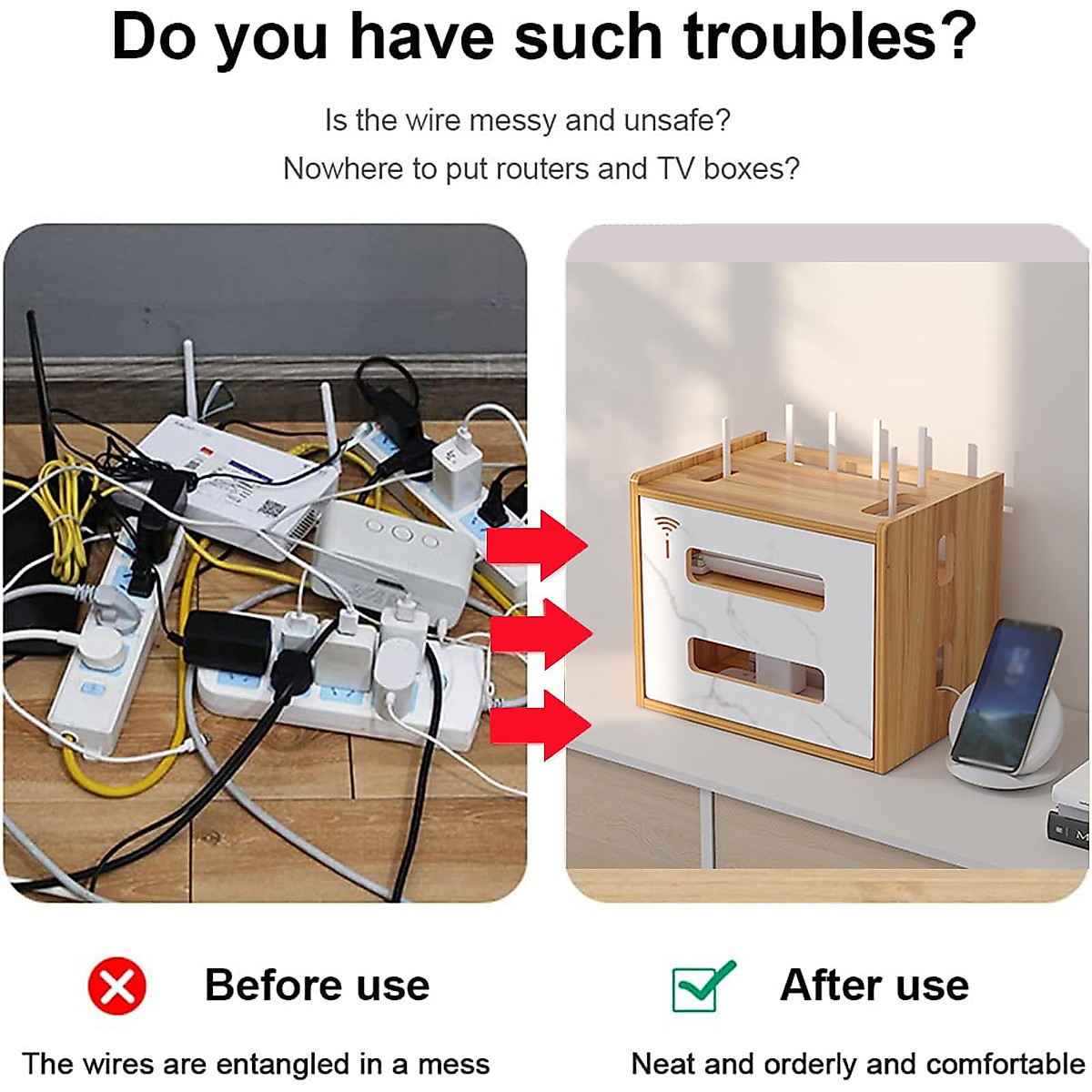 WiFi Router Desktop Storage Box,Power Router Fences Standing Shelf Units,Wooden Cable Management Hider Box Router Storage Racks for Desktop Office and Home,A