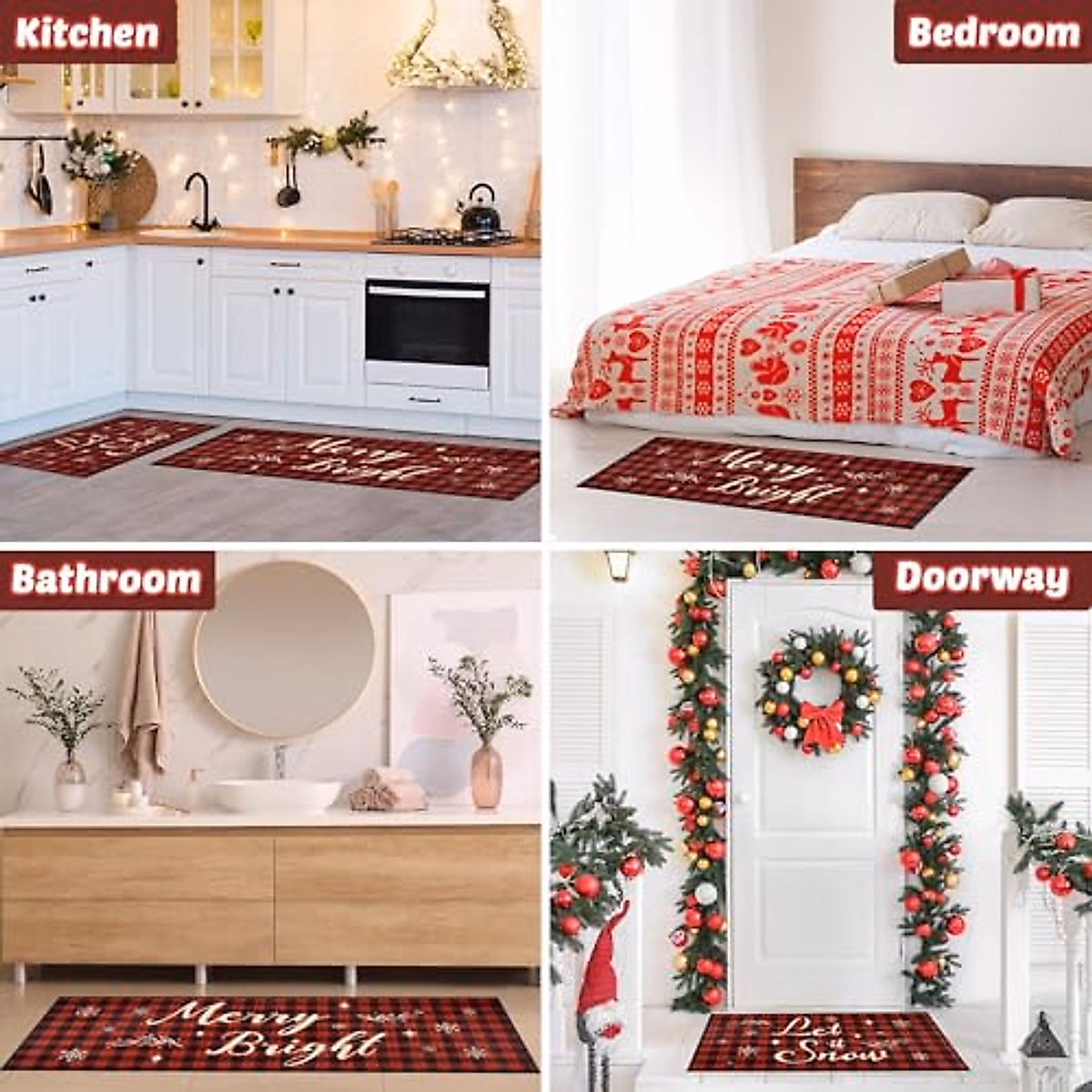 WERNNSAI Christmas Kitchen Mat - 2 Piece Kitchen Mats Set Red Buffalo Plaid Indoor Floor Mats Non-Slip Kitchen Backing Area Rugs Xmas Door Carpet for Home Christmas Decor (17’’ x 47’’+17’’ x 30’’)