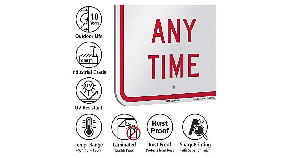 No Parking Any Time Sign - Durable 3M Aluminum