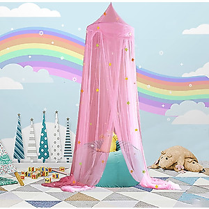 Mengersi Bed Canopy for Girls with Glow in The Dark Stars,Bed Canopy Curtains for Kids Baby Crib Twin Full Queen Size Bed,Canopy for Girls Room Decor,Pink