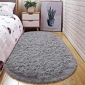 junovo Oval Fluffy Ultra Soft Area Rugs for Bedroom Plush Shaggy Carpet for Kids Room Bedside Nursery Mats, 2.6 x 5.3ft, Grey