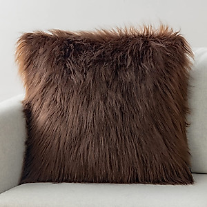 Phantoscope Faux Fur Solid Decorative Pillow Cover Fluffy Throw Pillow Mongolian Luxury Fuzzy Pillow Case Cushion Cover for Bedroom and Couch,Coffee 18 x 18 Inches…