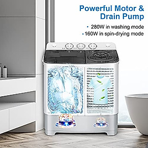 COSTWAY Portable Washing Machine, Twin Tub 22Lbs Capacity, Compact Washer(13.2Lbs) and Spinner(8.8Lbs) with Control Knobs, Built-in Drain Pump, Semi-Automatic Laundry washer for Apartment, RV (Grey)