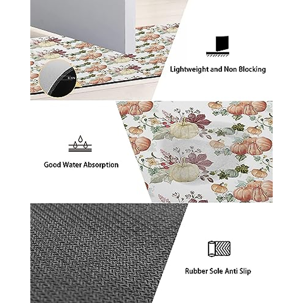 Harvest Pumpkins Bath Mat for Tub,Non Slip Bathroom Floor Runner Rug Quick Dry & Absorbent Diatomaceous Earth Shower Sink Kitchen Washable Doormat,Fall Autumn Thanksgiving Maple Leaves 16x24+16x47