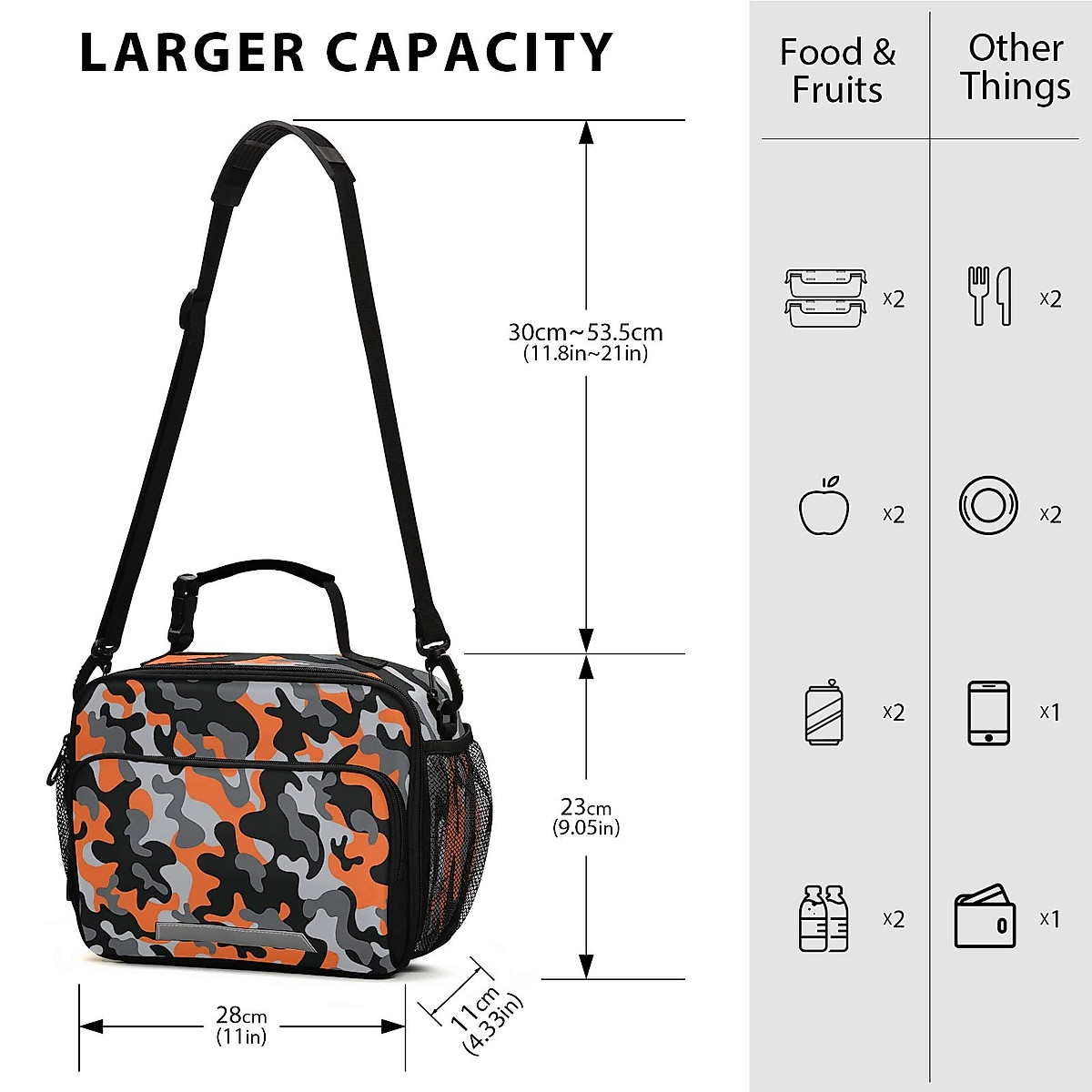 Qilmy Black Orange Camo Lunch Bag Insulated Waterproof Reusable Lunch Tote Bag with Detachable Shoulder Strap, Zipper Lunch Box for School Office Travel Picnic