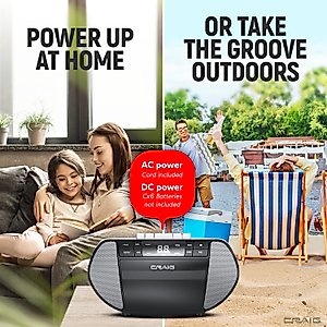 Craig Portable Top-Loading CD Boombox with AM/FM Stereo Radio and Cassette Player/Recorder in Black | Cassette Player/Recorder | LED Display (Black/Gray)