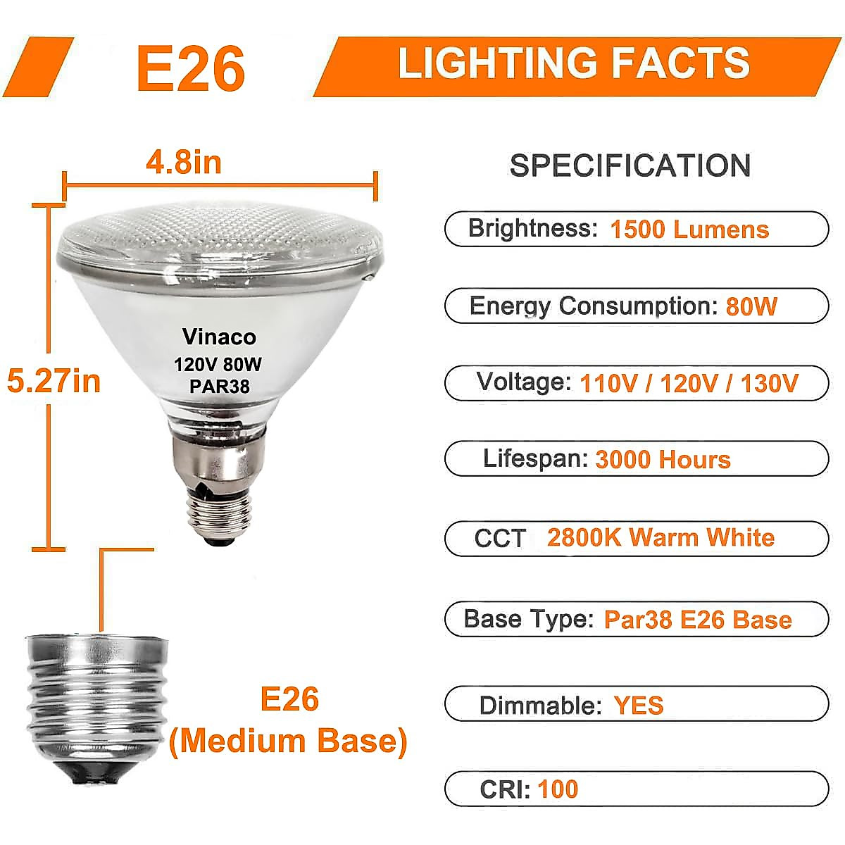 Vinaco PAR38 Flood Llight Bulbs, 4 Pack High Output PAR38 Halogen Flood Light 80W 120V, PAR38 Halogen Dimmable, CRI100 PAR38 Warm White 2800K, Halogen PAR38 Bulb with E26 Base for Indoor/Outdoor