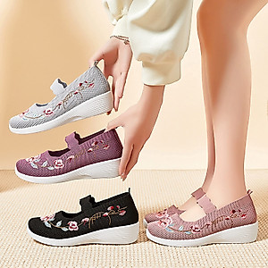 Lymphvity Women's Flower Embroidered Mesh Slip On Walking Shoes Height Fashion Wedge Increasing Loafers Sneakers Non Slip Memory Foam Mom Walking Nurse Shoes (7,Pink)