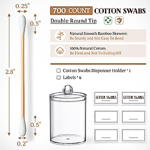 Bamboo Cotton Swabs -700 COUNT - with 1 Clear Storage Holder for Qtips - Biodegradable Eco-Friendly Natural Cotton Buds for Ears, Hygiene, Beauty Care - Round Tips & Thick Cotton & Sturdy Bamboo Stick