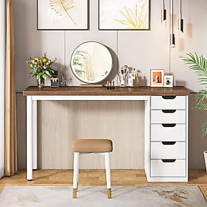 Tribesigns 47 inches Vanity Desk with 5 Drawers, Rustic Brown Makeup Vanity Table Dressing Table with Storage, Modern Simple Computer Desk for Women, Girls