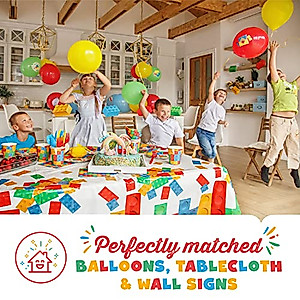 Building Block Birthday Party Supplies Set | Baby Boy Toddler Kids Birthday Brick Decorations – Cups Plates Signs Napkins Balloons Tablecloth Utensils – Decorations for Boys and Girls – Serves 25