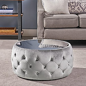 Christopher Knight Home Ivy Glam Velvet and Tempered Glass Coffee Table Ottoman, Smoke, Black