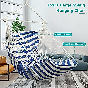 Hammock Chair, Hanging Chair with 3 Cushions and Foot Rest Support, Durable Metal Spreader Bar Max 440 Lbs, Swing Chair for Bedroom, Indoor & Outdoor, Patio, Porch or Tree（Blue and White）
