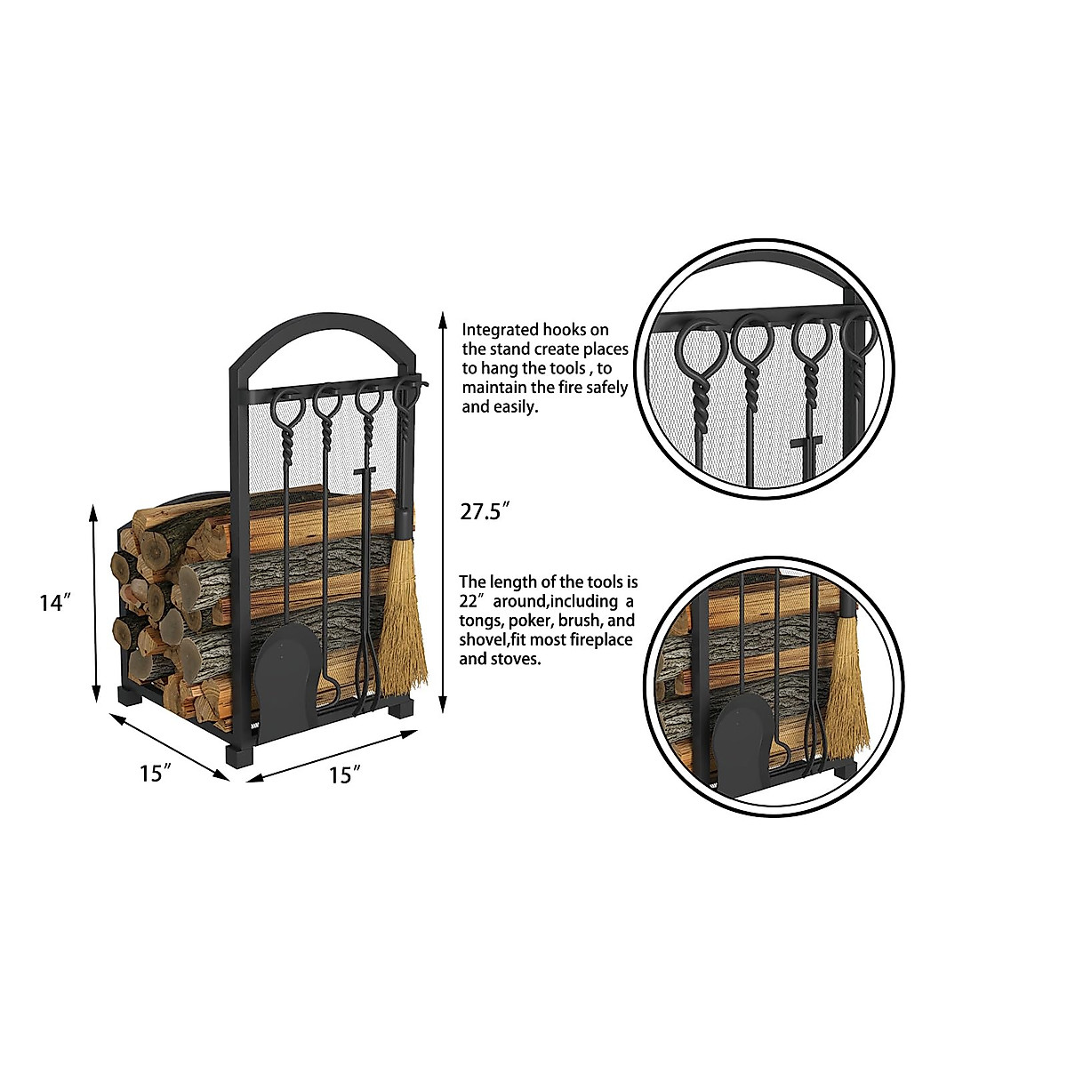 Lizh Metalwork Fireplace Log holder with Fireplace Tools, Wrought Iron Indoor Stove Accessories Firewood Rack Holder Lumber Storage Stacking Log Holder Log Bin with Tongs Shovel Poker and Brush