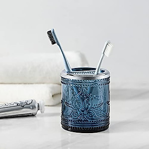 4PCs Dark Blue Glass Bathroom Accessories Set with Decorative Pressed Pattern - Includes Hand Soap Dispenser & Tumbler & Soap Dish & Toothbrush Holder