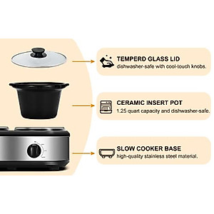 Dual Slow Cooker, Buffet Servers and Warmers with 2 X 1.25Qt, Tempered glass lids and Lid Rests, 3 Adjustable Temp, Stainless Steel