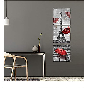 Meiji Paris Eiffel Tower Canvas Wall Art Decor Red Umbrellas Poster Prints Pictures Artwork for Living Room Ready to Hang (Red, 12X12inchx3 (30x30cmx3))