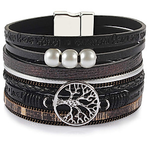 FANCY SHINY Tree of Life Leather Wrap Bracelet Inspirational Cuff Bangles Boho Pearl Bracelets with Clasp Unique Jewelry Gifts for Women(Black)