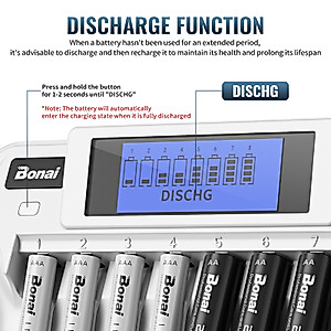 BONAI 8+1 Bay AA AAA Battery Charger with LCD Display for AA AAA NiMH NiCd & 9V Rechargeable Batteries Independent Control and Standard American AC Charging Plug