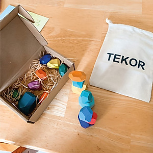 TEKOR 16 Pcs Wooden Stacking Rocks, Rainbow Balancing Stones, Natural Wooden Building Blocks, Educational Preschool Learning Lightweight Montessori Toys for Toddlers Boys Girls