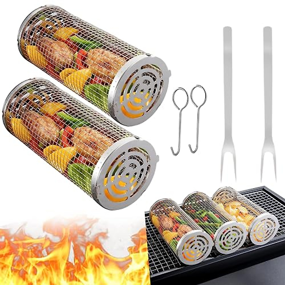 Grill Basket 2 PCS Rolling Grilling Baskets for Outdoor Grilling,Bbq Grill Grilling Basket Cylinder.Barbeque Stainless Steel Accessories for Fish, Shrimp, Meat, Vegetables, Fries (11.8 inch*2)