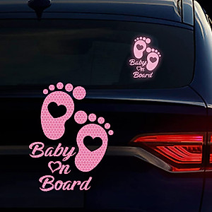 2PCS Baby on Board Stickers for Cars, Nouiroy Reflective Baby in Car Stickers and Decals Cute Feet Car Window Clings Safety Warning Sign Waterproof Auto Vinyl Sticker, Pink