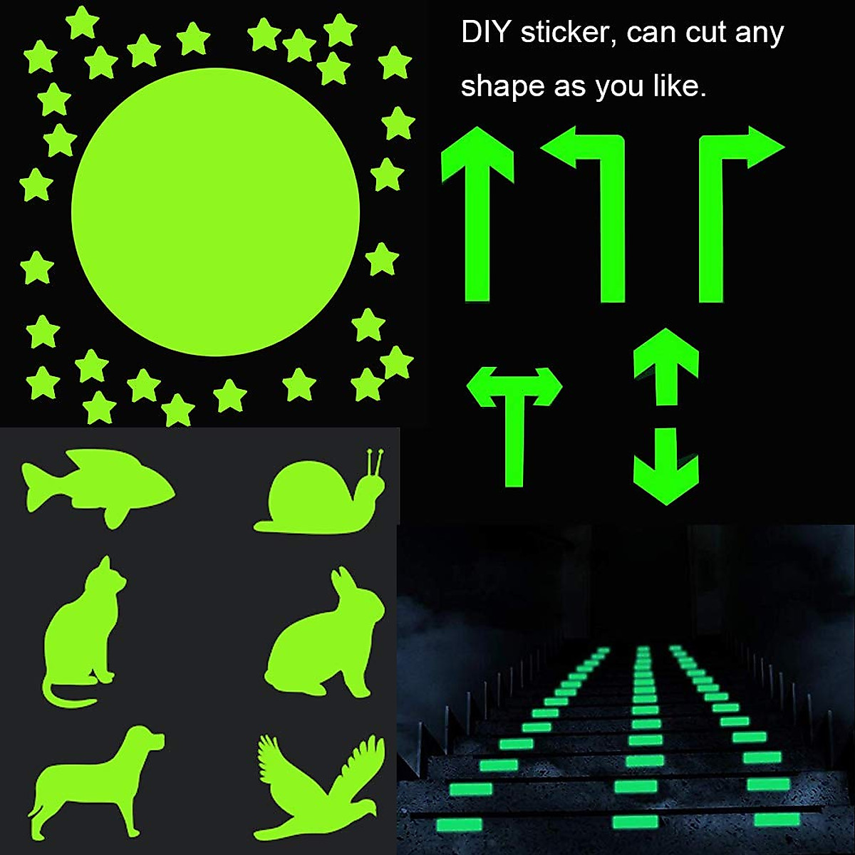 Glow in The Dark Sticker A5 Paper 5pcs a Pack Self-Adhesive Photoluminescent Vinyl DIY Cut Glowing Stars and Moon Animals for Ceiling and Wall Decals, Perfect for Kids Bedding Room Party Birthday Gift