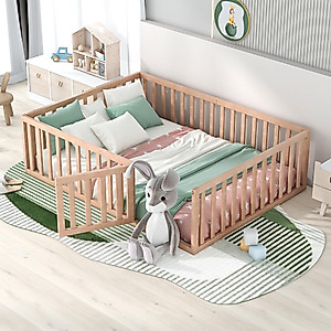 Harper & Bright Designs Floor Bed with Rails, Full Size Wood Floor Bed Frame with Fence and Door, for Kids Girls Boys (Natural)