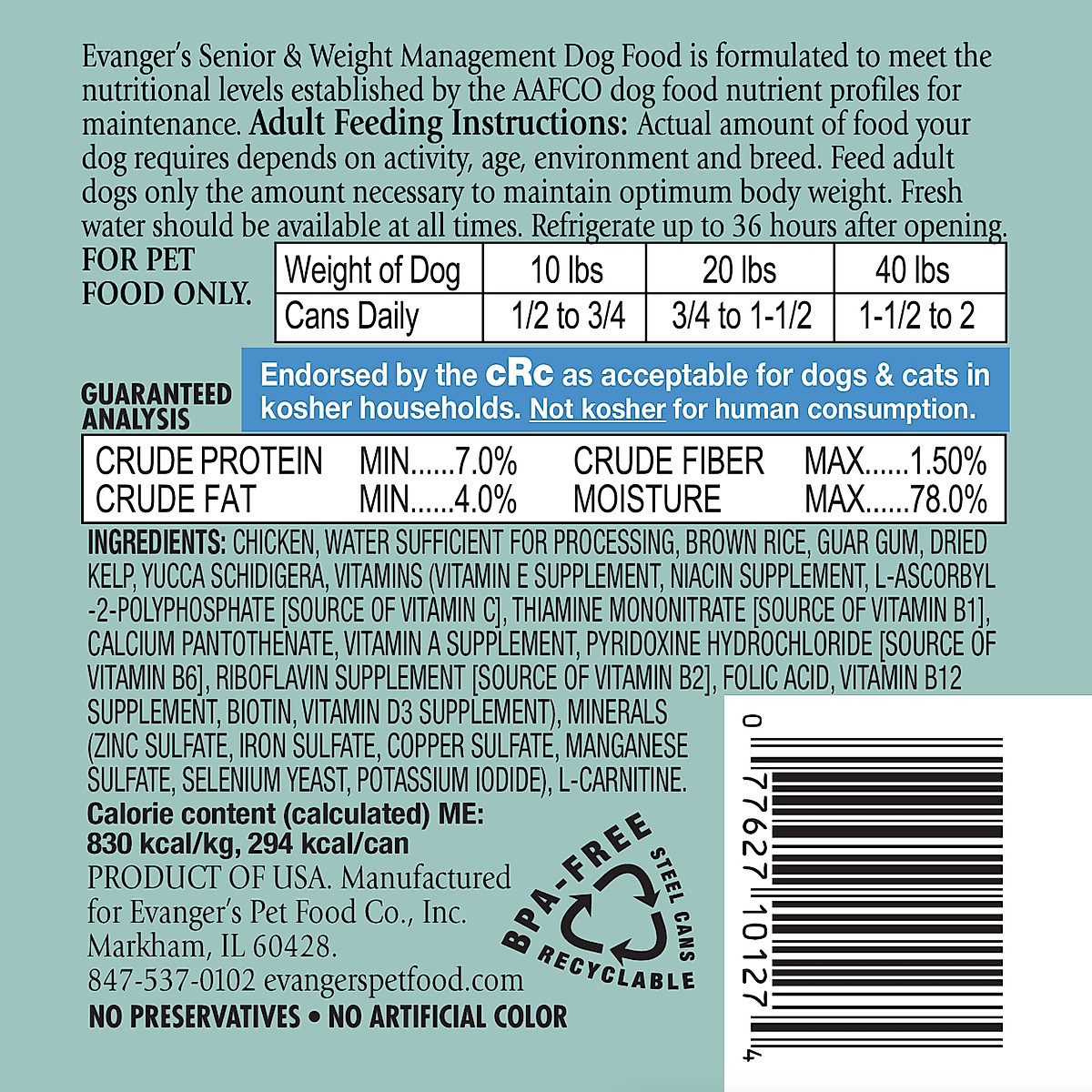 Evanger's Heritage Classics Senior & Weight Management for Dogs - 12, 12.5 oz Cans