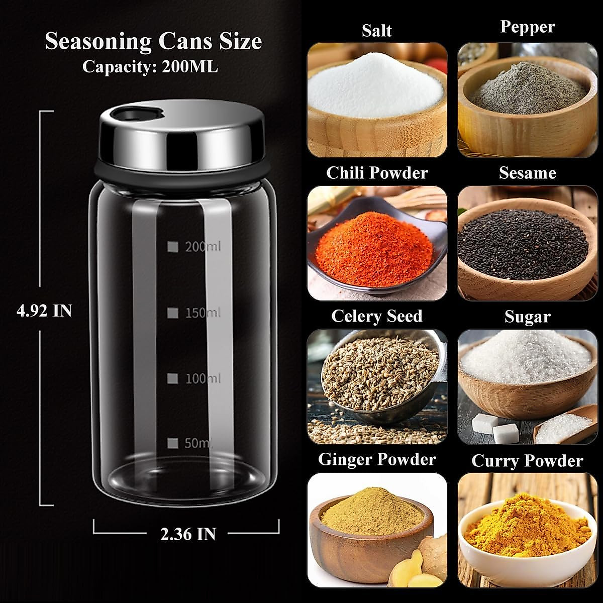 Verdental 7 oz Salt Pepper Shakers with Adjustable Outlet Holes Clear Glass Shaker Bottles Spice Seasoning Cans for Kitchen Decor and Home Restaurant BBQ Camping Farmhouse Kitchen Accessories (200ml)