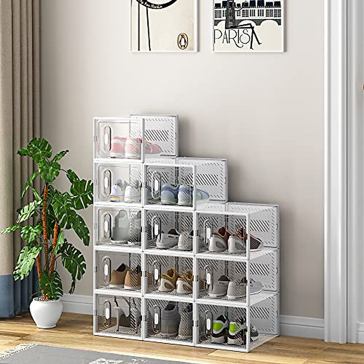 Wolizom 12 Pack Shoe Storage Box, Stackable Shoe Organizer Boxes, Clear Plastic Shoe Organizer for Closet, Space Saving Foldable Shoe Holder Sneaker Containers Bins