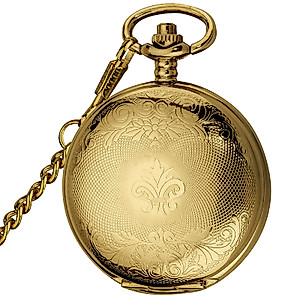 VIGOROSO Mens Pocket Watch with Chain Half Hunter Double Cover Skeleton Mechanical Watches Gold Roman Numeral in Box