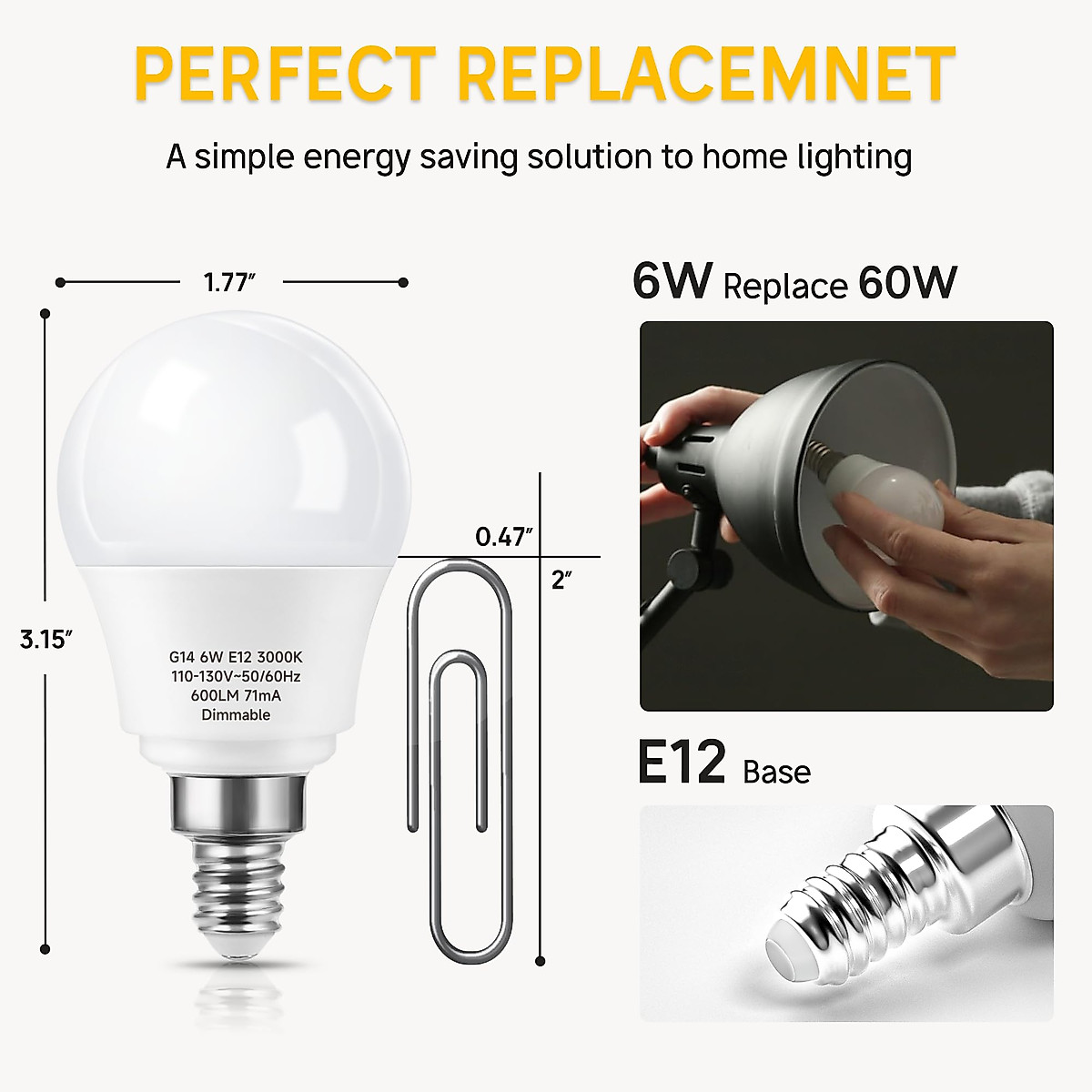 Prosperbiz E12 Ceiling Fan Light Bulbs Dimmable, 60w Equivalent LED Bulb, Warm White 3000K, E12 Small Base Candelabra A15 LED Round Light Bulb, 600 Lumen, Pack of 3