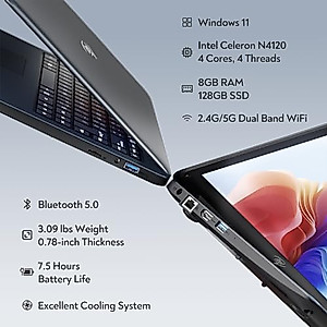 14'' Laptop Computer, Quad-Core Intel Celeron N4120 Processors, 8GB RAM, 128GB SSD, Intel UHD Graphics 600 Windows 11 Laptops Computers, Ultra Slim, Long Battery Life, 2.4G/5G WiFi, BT 4.2, HDMI