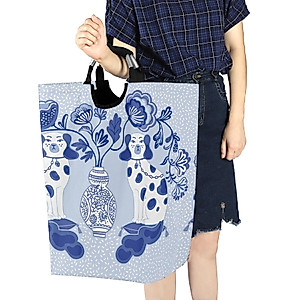 pnyoin Laundry Basket with Padded Handles, Collapsible Waterproof Laundry Hamper for Bathroom Bedroom, Clothes Hamper Stands Up Well(Staffordshire Dogs)