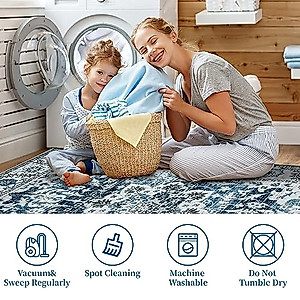 GAOMON Area Rug 8x10 Washable Rug Washable Living Room Rugs Large Medallion Distressed Carpets Indoor Soft Floor Anti Slip Carpet for Under Dining Table Bedroom Farmhouse Home Office,Blue