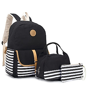 Pawsky School Backpack for Teen Girls/Women, Cute College Bookbag Set Canvas Stripe Backpack with Lunch Bag Pencil Bag, Black