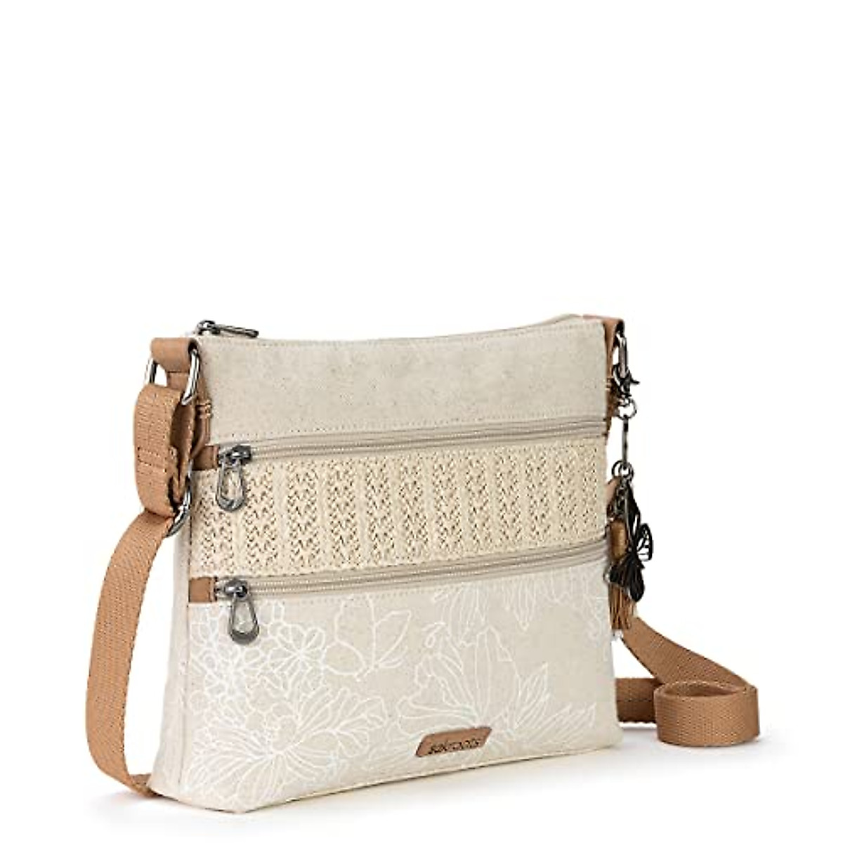 Sakroots Basic Crossbody Bag in Coated Canvas, Multifunctional Purse with Adjustable Strap & Zipper Pockets, White Flower Blossom