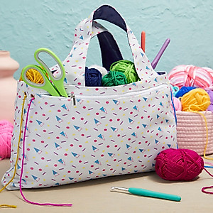 Portable Knit Tote Bag, Crochet Knitting Yarn Storage with Pockets (Geometric, 16.5 in)