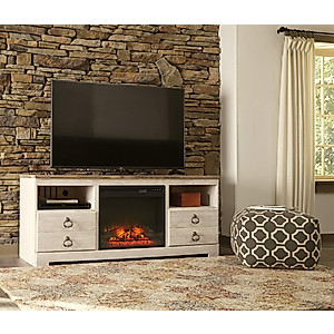 Signature Design by Ashley Willowton Farmhouse TV Stand With Fireplace Option Fits TVs up to 62" with 2 Drawers and 2 Storage Cubbies, Whitewash