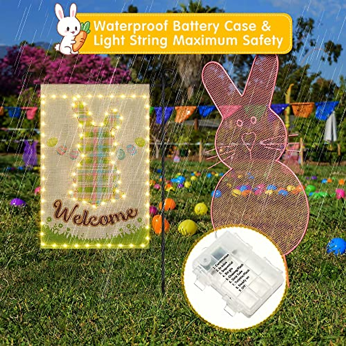 Easter Garden Flag with LED string lights 12x18 Inch Double Sided Waterproof 8 Modes Lighted Garden Flag Bunny Eggs Vertical Burlap Spring Garden Flags for Lawn Yard Decoration