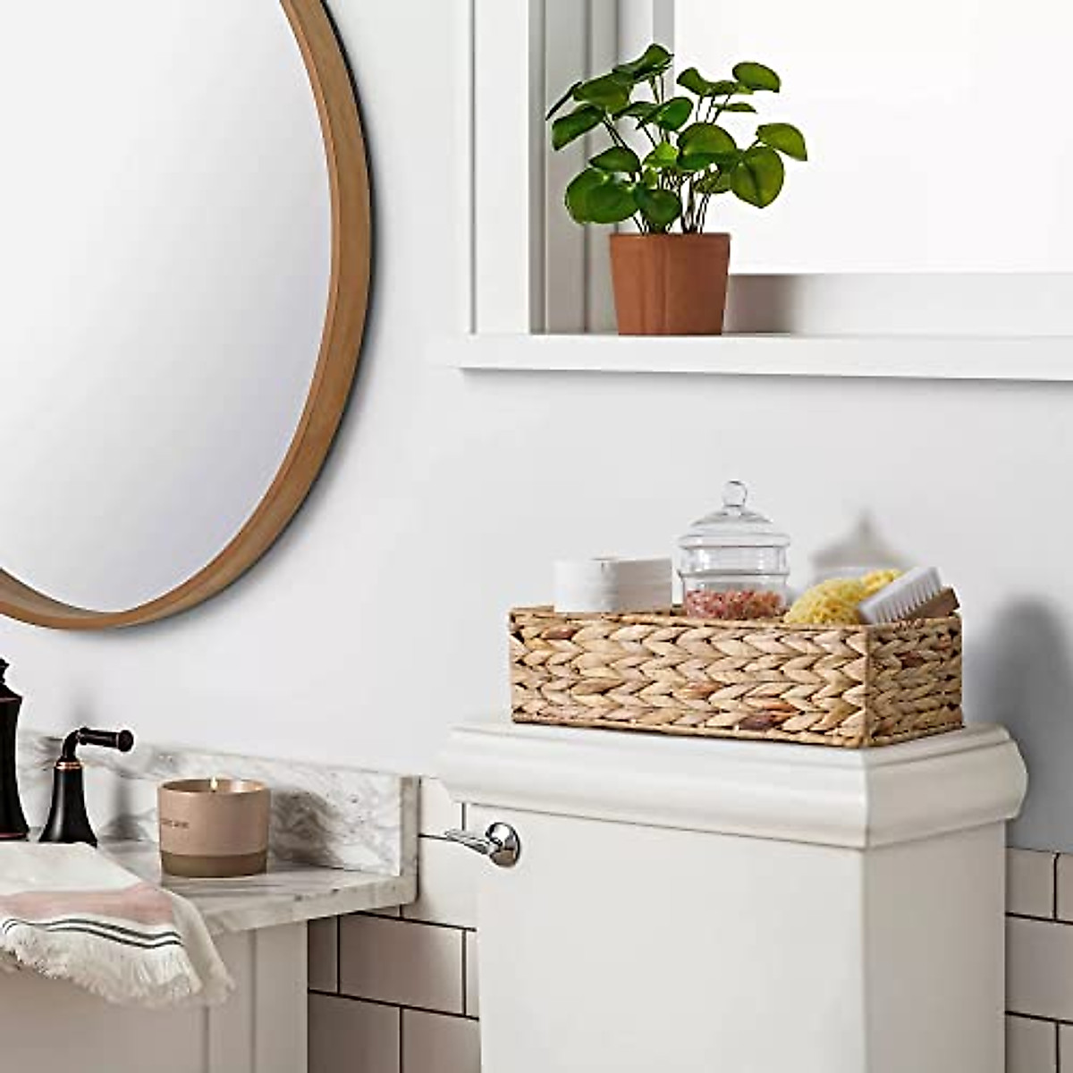 Motifeur Toilet Tank Top Storage - Bathroom Tray 3 Compartment Hand-Woven Water Hyacinth Wicker Basket