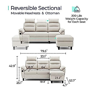 LINSY HOME Sectional Sofa, High Back Sectional Couch with Ottoman, 2 USB and Storage Bags, L Shaped Sofa with Extra Headrests, Small Sectional Sofa Set for Living Room, Apartment, Beige