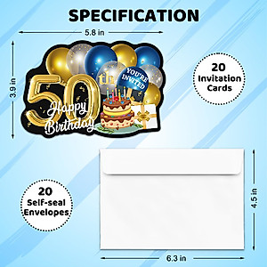 ERHACHAIJIA 20 PCS Blue & Golden Balloons & Cake Shaped Fill-In Invitations Cards With Envelopes, Funny 50th Happy Birthday Party 50 Year Old Birthday Invites For Men Husband Dad Farther