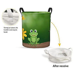 Delerain Frog Yellow Flower Laundry Basket, Waterproof Laundry Hamper with Handles, Collapsible Toy Bins Dirty Clothes Round Storage Basket for Home Bathroom Office Nursery, 19.6X15.7(M)