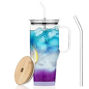 AiHeart 32 oz Glass Tumbler with Straw and Bamboo Lid, Large Capacity Glass Water Cup with Handle,Reusable Iced Coffee Cup with Silicone Coaster,Boba Smoothie Cup,Fits In Cup Holder(Purple)