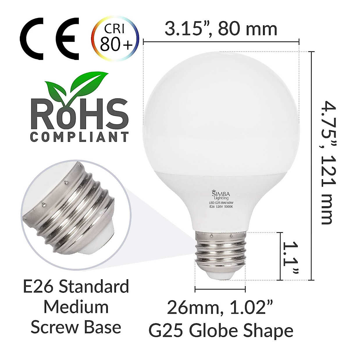 Simba Lighting LED Vanity Globe G25 (G80) Light Bulb for Bathroom, Makeup Mirror | Decorative White Frosted Cover, 8W, 60W Equivalent, 120V, Standard E26 Medium Base, Daylight 5000K, Pack of 3